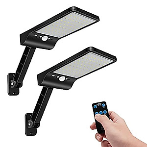 Aqonsie 56LED Remote Solar Flood Light, Outside Security Motion Sensor Lights with Remote, 3 Lighting Modes with Remote for Backyard Gutter Garage Shed 2 Pack