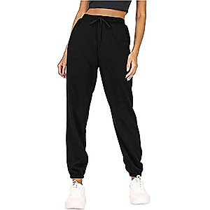 Rain core Women's Drawstring Closure Solid Color Casual Sports Pants (Medium, Black)