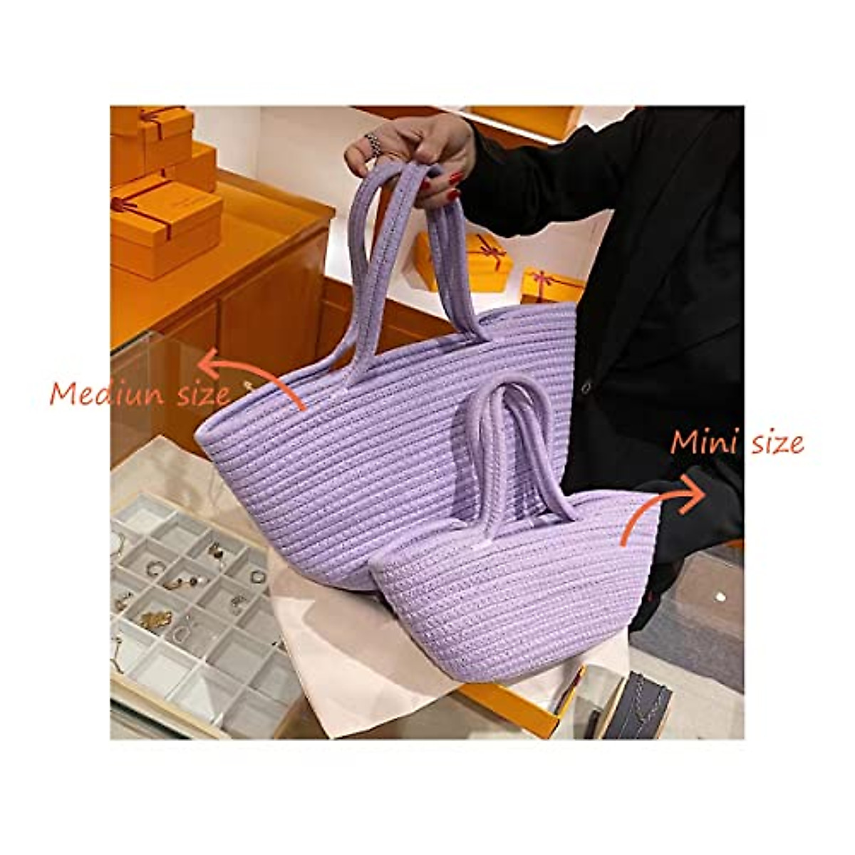 Women's Retro Mini Size Straw Handbags Woven Cotton Crohest Basket Purse Tote Bags by Handmade Girls purse Toddlers Handbag