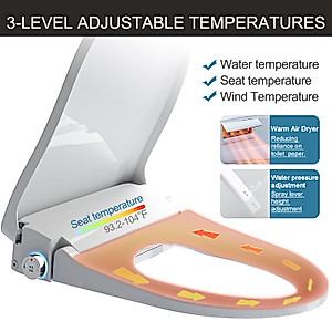 Electric Heated Bidet Toilet Seat, Auto Open & Close Lid, Thermostatic Warm Water Bidet with Dryer, Heated Bidet Seat Elongated, Bubble Wash, Massage, Kids Model, Remote Control, Night Light, White