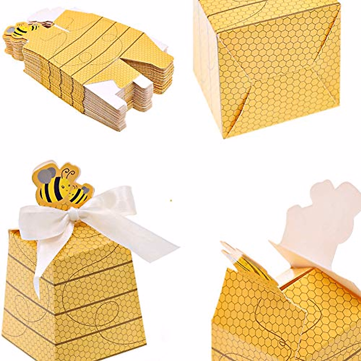 MeiMeiDa 30 Pack Bumble Bee Candy Boxes Treat Boxes Paper Beehive Gift Box with Ribbon for Bee Party Decoration Bee Birthday Baby Shower Favors Supplies