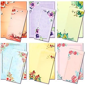 Anzon Mories A4 Vintage Floral Stationery Paper 48 Pc and Self-Sealing Envelopes 24 Pc Set, 27 lb Heavy Weight Letter Writing Stationay, Printer Friendly, Color Both Sides, Ink Painting Classic Design
