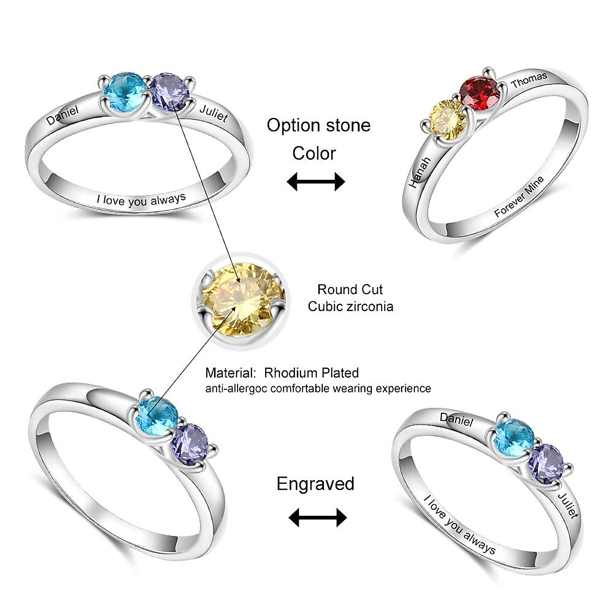 Personalized Mothers Rings with 2/3/4 Simulated Birthstones Custom Mother Daughter Ring Jewelry for Women Engagement Wedding Promise Rings for Her (2 stones, 8)