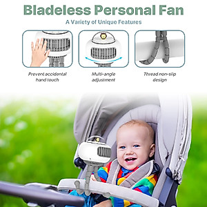 SWTOIPIG Stroller Fan, Portable Bladeless Fan Mini Handheld Fans, 4-Speed Options USB Rechargeable Battery Operated Fan, Suitable for Stroller, Desk, Handheld, Suspended