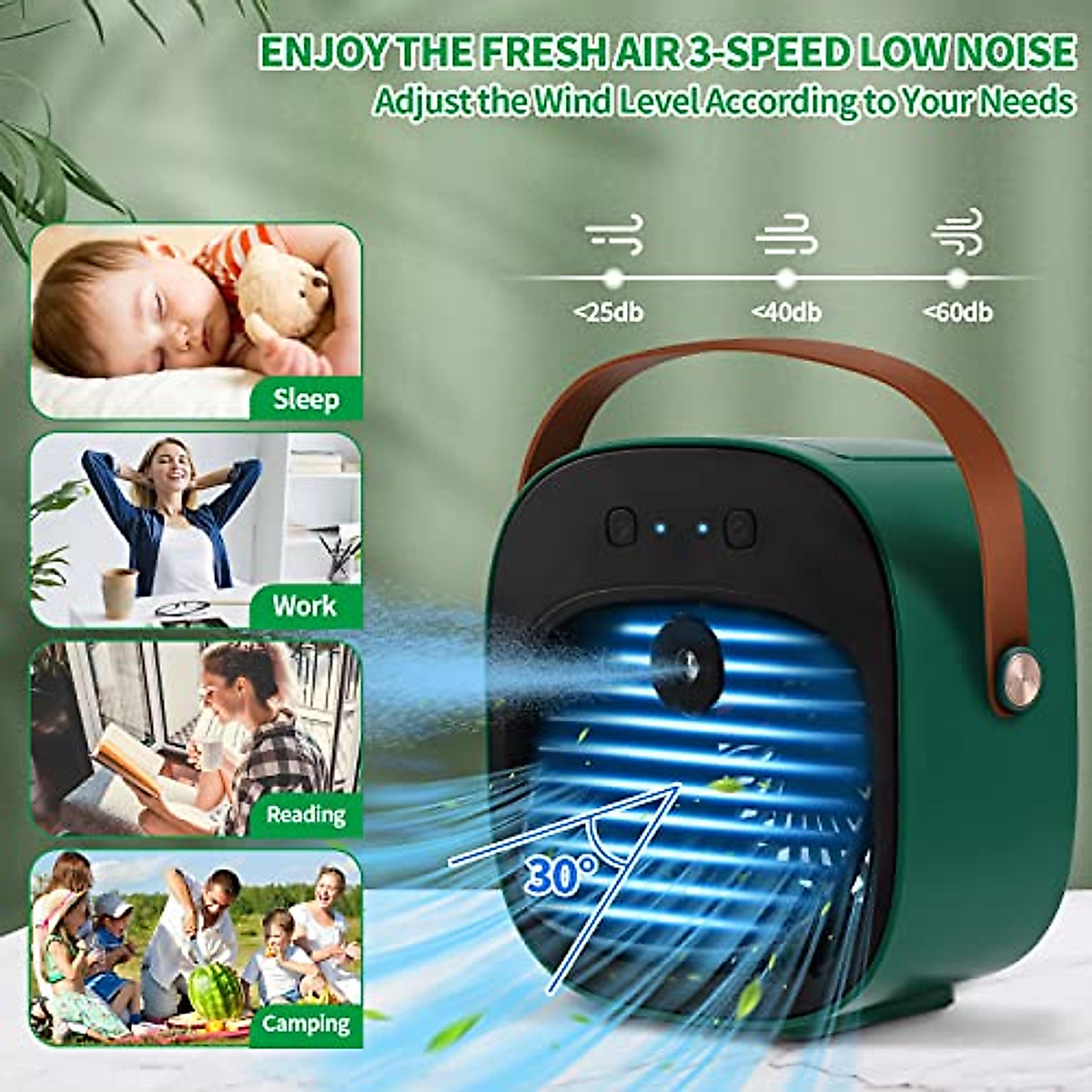 Portable Air Conditioners, 5200mAh Rechargeable Mini Air Conditioner Duration 5-10 hrs, Personal Air Cooler with 3 Speeds, Small Desk Air Conditioner for Bedroom, Office, Outdoor