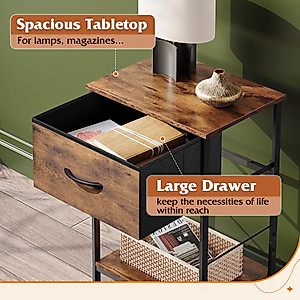 WLIVE Nightstand, Bedside Side Table for Bedroom, Dorm with Steel Frame, Night Stand End Table with Fabric Storage Drawer, Easy Assembly, Rustic Brown Wood Grain Print, 11.73''D 15.67''W 25.03" H