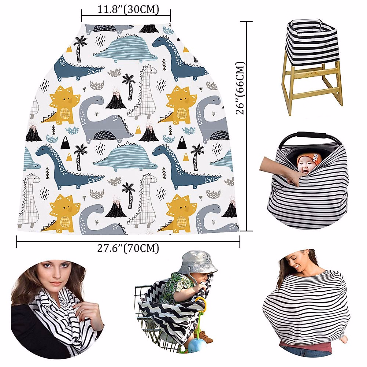 Baby Car Seat Covers Dinosaur, Nursing Cover Breastfeeding Scarf/Shawl, Infant Carseat Canopy, Stretchy Soft Breathable Multi-use Cover Ups, Cartoon Dinosaurs Cute Sketch with Volcanic