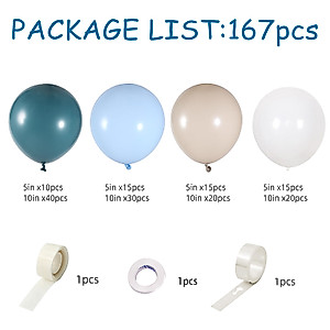 Dusty Blue Balloon Garland Kit - 167pcs Blue Balloon Arch kit with Dusty Blue, Baby Blue, Sand White, White Balloons - Perfect for Baby Shower Wedding Boy Birthday Decoration