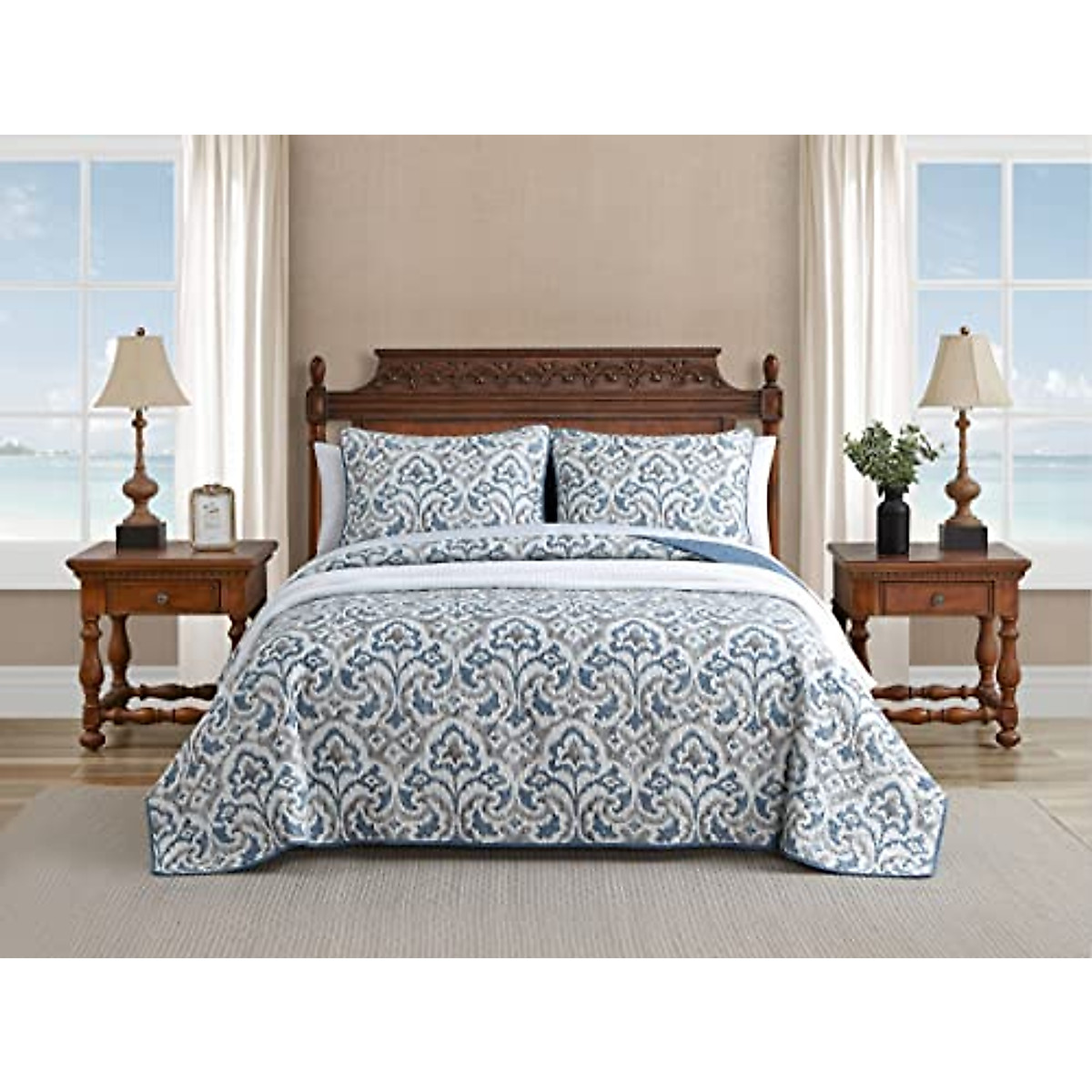 Tommy Bahama Quilt Set Reversible Cotton Bedding with Matchin Shams, All Season Home Decor, King, Cape Verde Smoke Grey/Blue