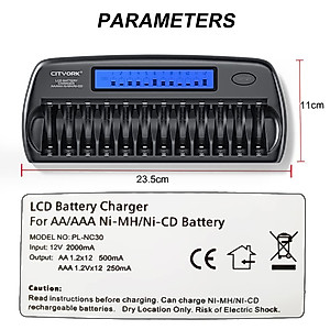CITYORK 12 Bay LCD Smart Battery Charger for 1.2v AA AAA Ni-MH/Ni-CD Rechargeable Batteries, AA AAA Battery Charger with Refresh Function with AC Wall Adapter