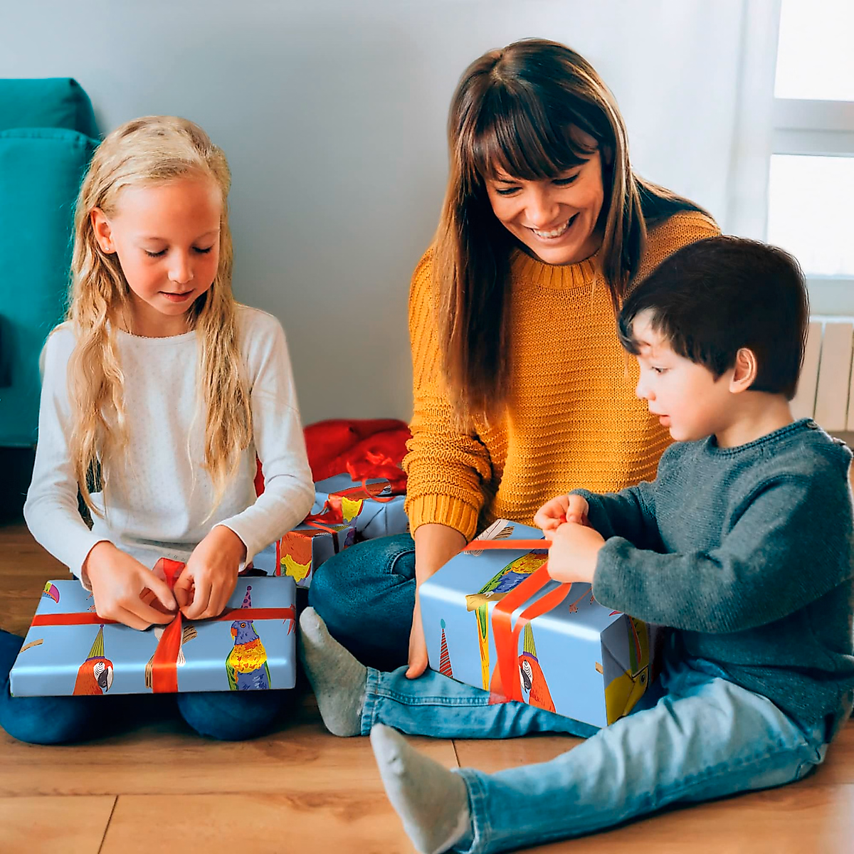 CENTRAL 23 Birthday Wrapping Paper For Kids Boys Girls - 6 Sheets Blue Gift Wrap - Party Birds Parrots Flamingo - Recyclable