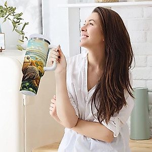 Slewiaeky Tumbler with Handle 40 oz Turtle Ocean Kawaii Travel Mug with Lid and Straw Sunflower Stainless Steel Vacuum Insulated Water Bottle Cup for Iced Tea Coffee Cold Beverages Cup Holder Friendl