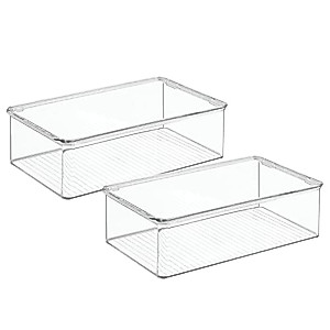 mDesign Plastic Closet Organizer Box Containers with Hinged Lid for Bedroom Shelves/Cabinets, Holds Flats, Sandals, Sneakers, Dress Shoes, Heels, Booties, and Wedges, Ligne Collection, 2 Pack, Clear