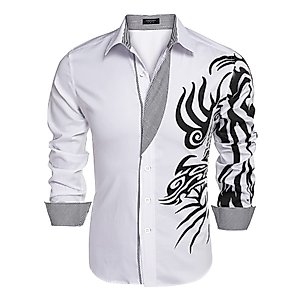 Coofandy Men's Fashion Print Dress Shirt Casual Cotton Button Down Shirts White Medium