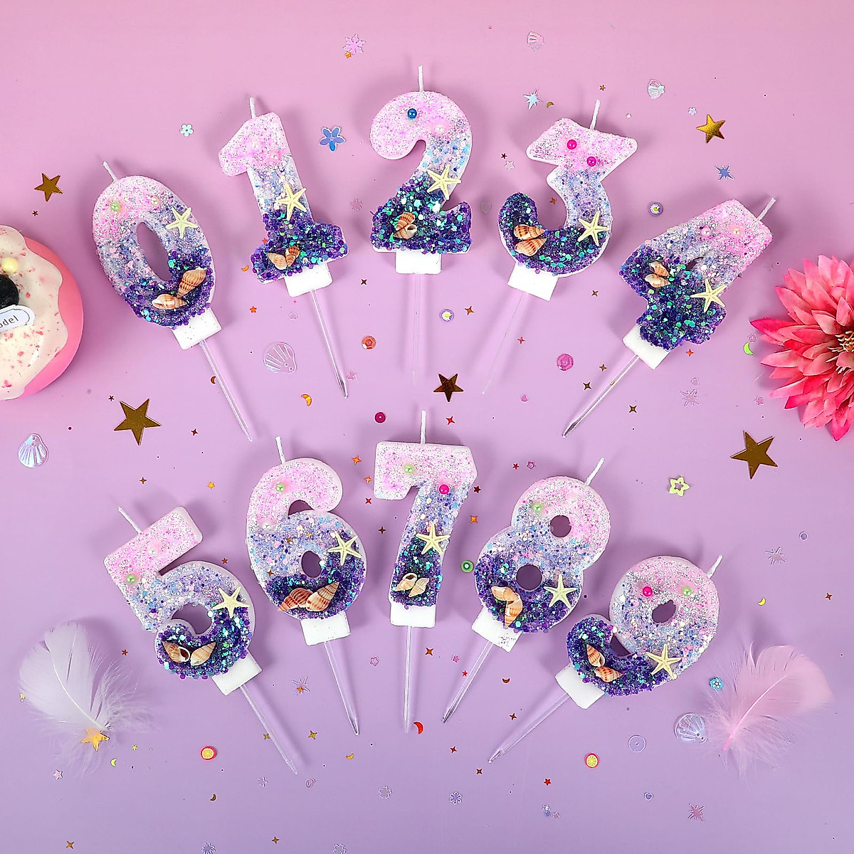 Birthday Candles, Pink and Purple Number 4 Candles Decorated with Conchs Starfish and Pearls for Mermaid Theme Party Cake Topper Supplies (Number 4)