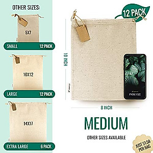 Organic Cotton Produce Bags - Medium 8x10 Inch - 12 Pcs Reusable Muslin Storage Bags with Drawstrings - Canvas Bags - Biodegradable Fabric Bags - Snack Bags - Cloth Bags by Leafico