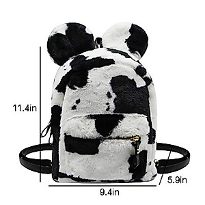 Women Faux Fur Backpack Cute Ear Cow Print Satchel Shoulder Bag Purse Fluffy Plush Fashion Casual Daypack