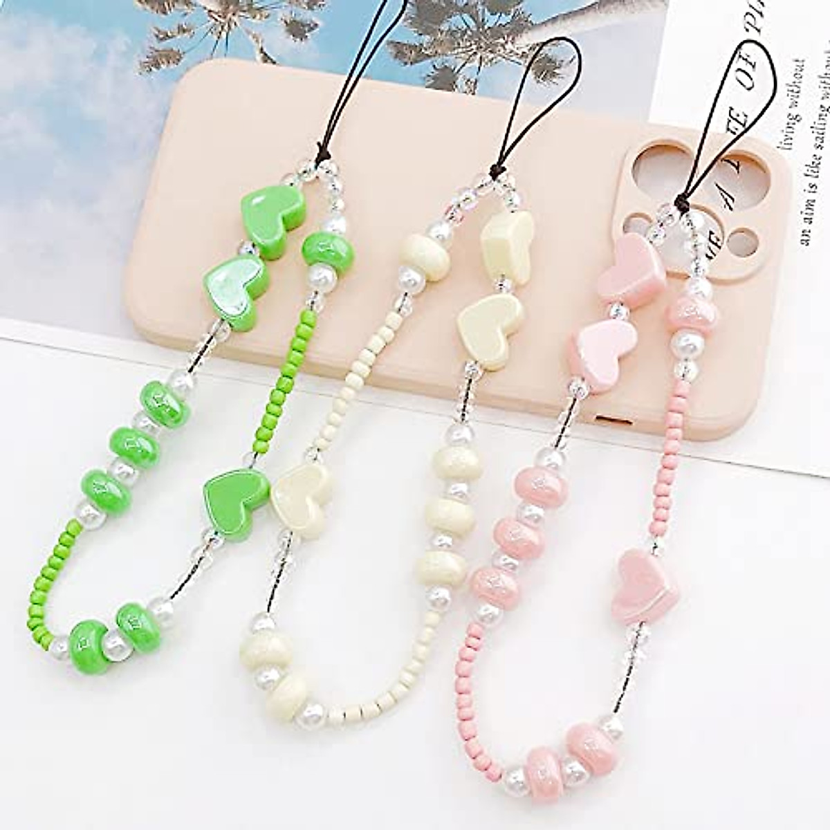 oAutoSjy Mobile Phone Chain Strap Pearl Heart Beads Phone Case Charm Chain Beaded Mobile Phone Lanyard Wrist Strap Anti-Lost Phone String Decor Rope Bracelet Keychain Charm for Women Girls Purple