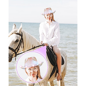 Jecery 12 Pcs Light Holographic Space Cowgirl Hat and Heart Shape Sunglasses LED Rave Cowboy Hat Rimless Heart Sunglasses for Teens Adult Party, White