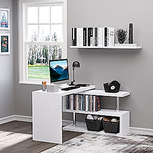 HOMCOM 360 Degree Rotating Corner Computer Desk, L Shaped Desk, Home Office Workstation with 3-Tier Storage Shelves, White
