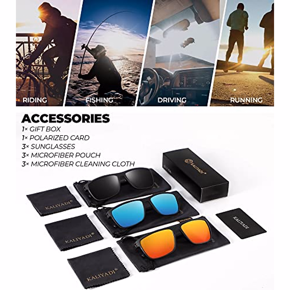 KALIYADI Polarized Sunglasses Men, Lightweight Mens Sunglasses Polarized UV Protection Driving Fishing Golf (Black/Ice Blue/Red)