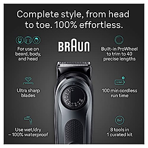Braun All-in-One Style Kit Series 5 5480, 8-in-1 Trimmer for Men with Beard Trimmer, Body Trimmer for Manscaping, Hair Clippers & More, Ultra-Sharp Blade, 40 Length Settings, Waterproof
