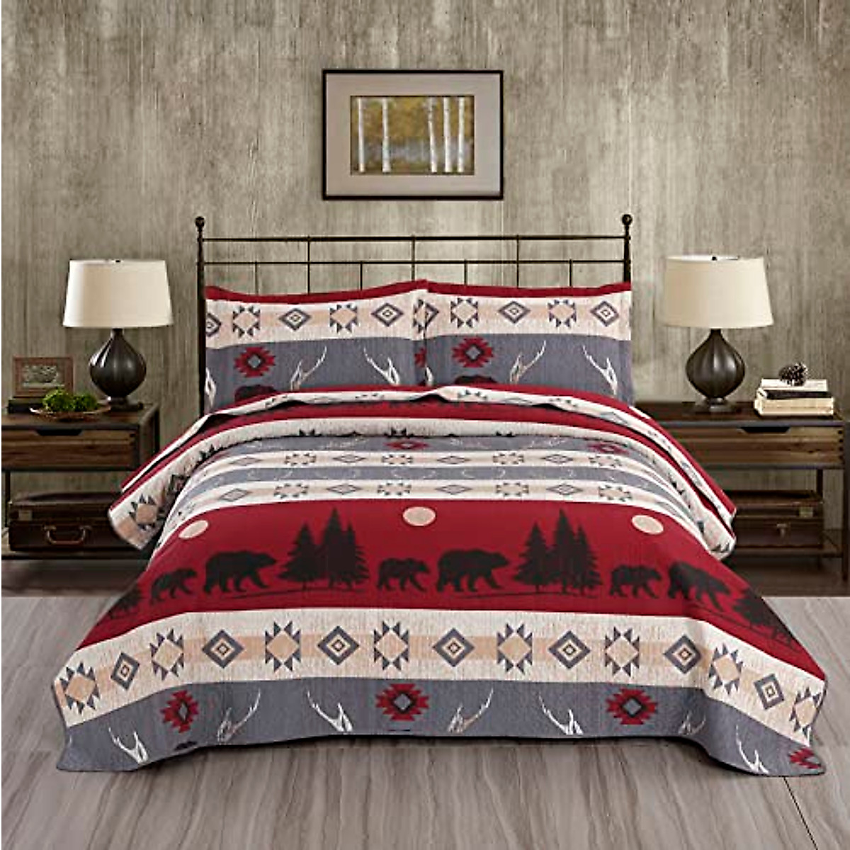 Ycosy Lodge Bear Quilt Set King Size Cabin Rustic Bedspread Coverlets Reversible Quilts Lightweight Lodge Bedding Set Bear Sunset Printed Bed Covers,1 Quilt + 2 Pillow Shams