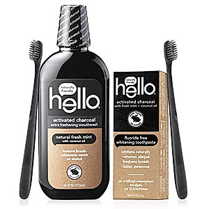 Hello Activated Charcoal Starter Kit Fluoride Free SLS Free Whitening Toothpaste Extra Freshening Mouthwash 2 Charcoal Bristle BPAFree Toothbrushes, Black, 1 Count
