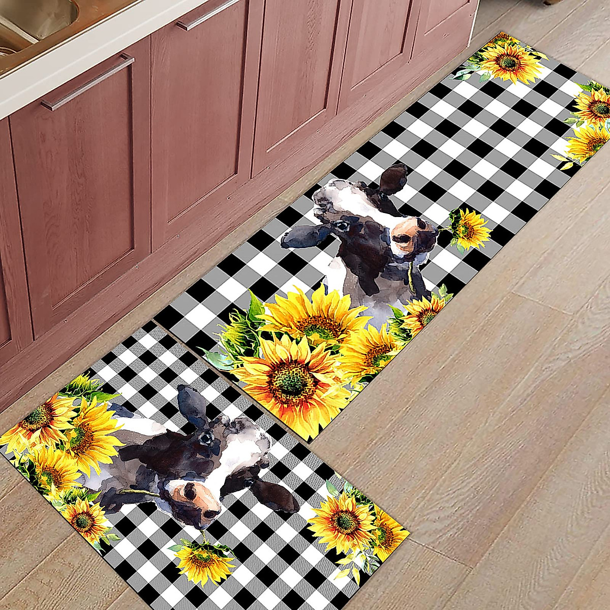 Beauty Decor 2 Piece Kitchen Mats Cushioned Kitchen Rug Farm Cow and Sunflower Black and White Buffalo Plaid Non Slip Thick Floor Comfort Mat Sets with Runner