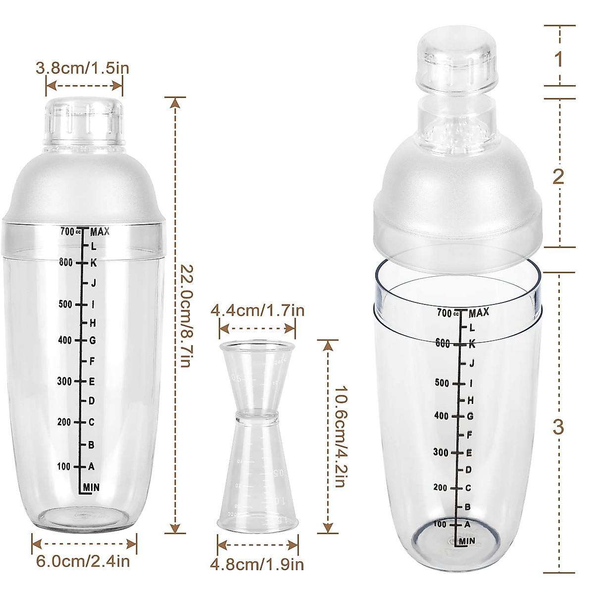 Plastic Cocktail Shaker - 4pcs Clear Cocktail Shaker Set with 4pcs Plastic Cocktail Double Measuring Jigger
