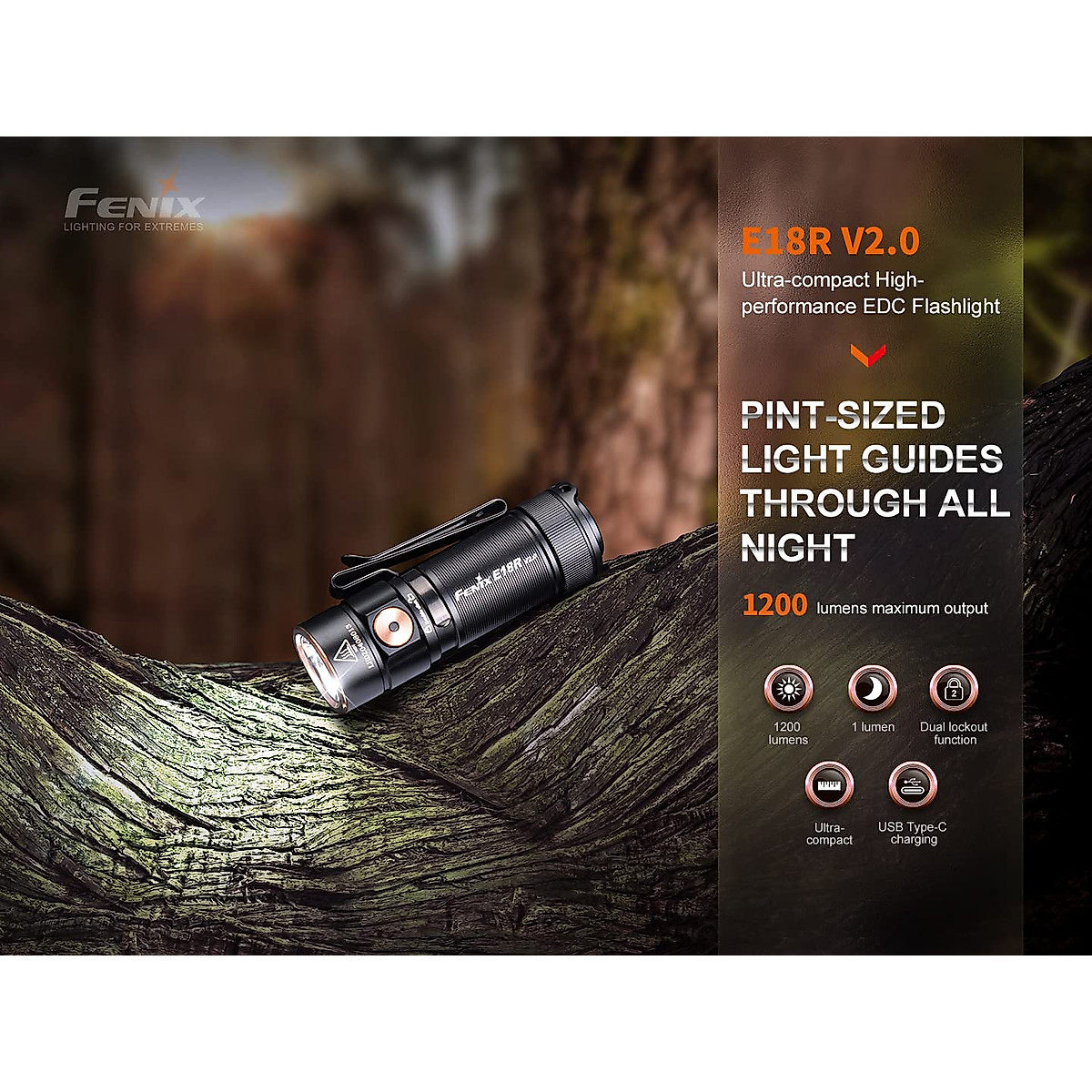 Fenix E18R V2.0 EDC Flashlight, 1200 Lumens USB-C Rechargeable Ultra Compact Pocket Light with Lumentac Organizer