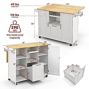 Giantex Mobile Kitchen Island with Drop Leaf, Rolling Island Table with Rubber Wood Top, Storage Cabinets, Deep Drawer, Wine Bottle Rack, Spice Rack, Serving Cart for Dining Room Bar (White)