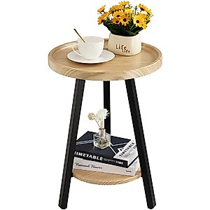Hadulcet Accent Table, Small Round Side Table Round Nightstand for Small Space, Wooden Shelves & Metal Legs, Natural Wood Color