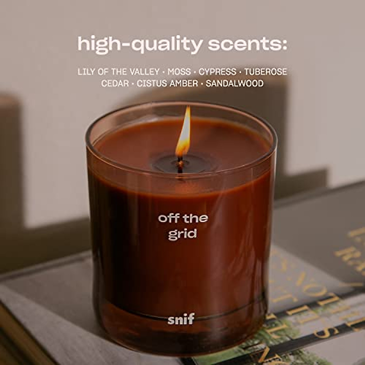 Off The Grid Luxury Scented Candle by Snif, Warm and Calming Candle, 50+ Hours, 100% Cotton Fiber Wicks, Soy Wax Blend, Non-Toxic, Vegan, 8.5 oz