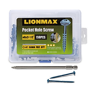 LIONMAX Pocket Wood Screws #8 x 2-1/2", 150PCS Wood Screws for Pocket Hole, Washer Head with Square Drive, Coarse Thread, Blue Coated for Weather Resistant, Self Tapping, 150MM Drive Bit Included