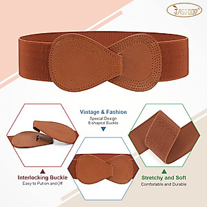 JASGOOD Women Stretchy Belt for Dresses Vintage Elastic Wide Waist Belt, D-Black+White+Brown