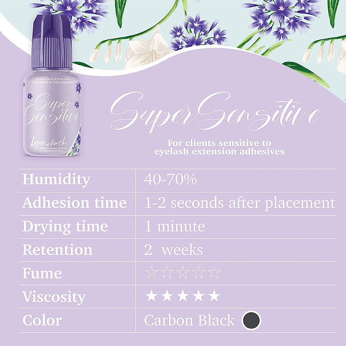 Lyon Lash Super Sensitive Eyelash Extension Glue 5ml, No Fume Odorless, 2 Weeks Retention, High Viscosity, for Sensitive Clients, Premium Individual Semi-Permanent Eyelash Extension Supplies