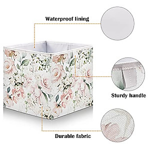 Kigai Pink Flowers Cube Storage Bins - 11x11x11 In Large Foldable Storage Basket Fabric Storage Baskes Organizer for Toys, Books, Shelves, Closet, Home Decor