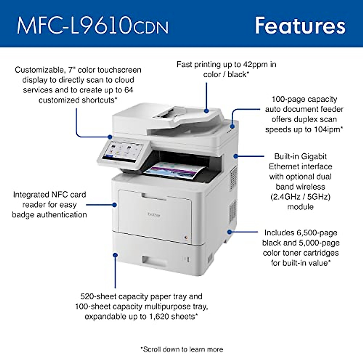 Brother MFC‐L9610CDN Enterprise Color Laser All‐in‐One Printer with Fast Printing, Large Paper Capacity, and Advanced Security Features