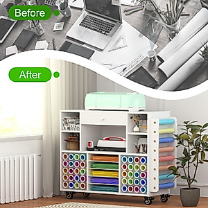 Craft organization and storage Cart Compatible with Cricut Machine, Rolling Craft Organizer With large drawer & 48 Vinyl Roll Holder, Crafting Cabinet Table Workstation for Craft Room Home