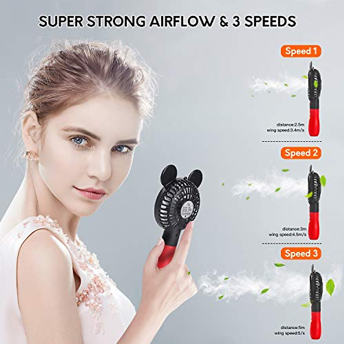 Orapink Hand Held Fan,Cartoon fan Portable Hand held USB Rechargeable Fans with 3 Adjustment Speeds,Battery Operated Electric Powered Mini Fan, Desk Desktop Fans for Home Office Travel