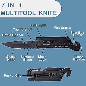 Gifts for Men Husband Him, Engraved Pocket Knife, Valentinens Day Anniversary Birthday Gifts for Him Boyfriend Husband, 7 in 1 Multi-Function Folding Knives with Fire Starter LED Light