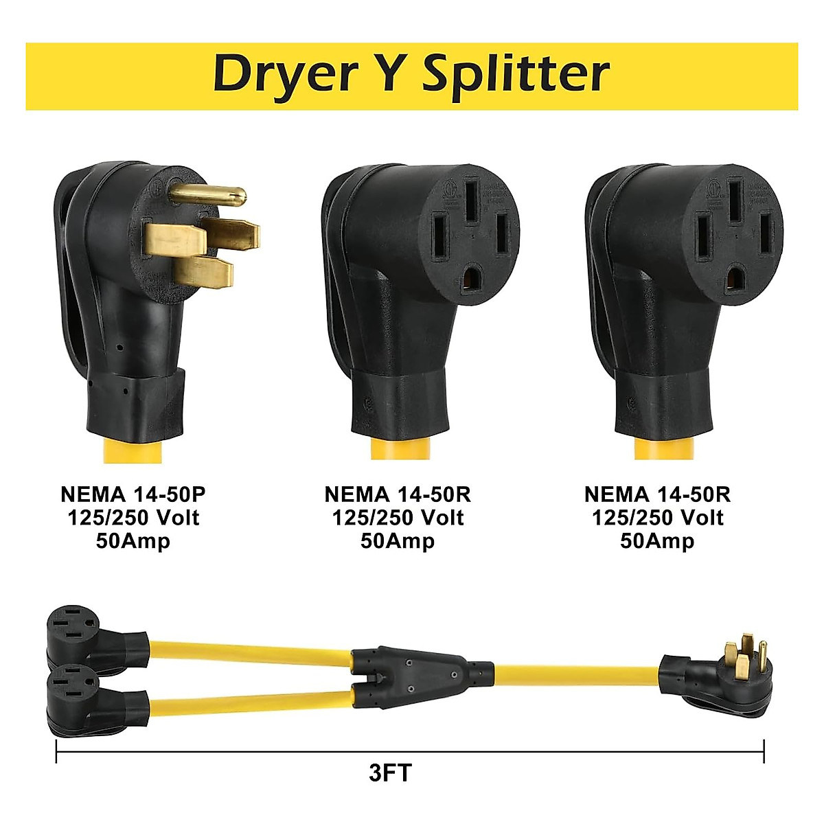 50 Amp Y Splitter Adapter, NEMA 14-50P to 2 Outlet 14-50R Y Splitter for RV and EV, 3 Feet 120V/240V 4 Prong 6AWG/3C + 8AWG/1C for Male Plug Female Receptacle Outdoor Power Cord