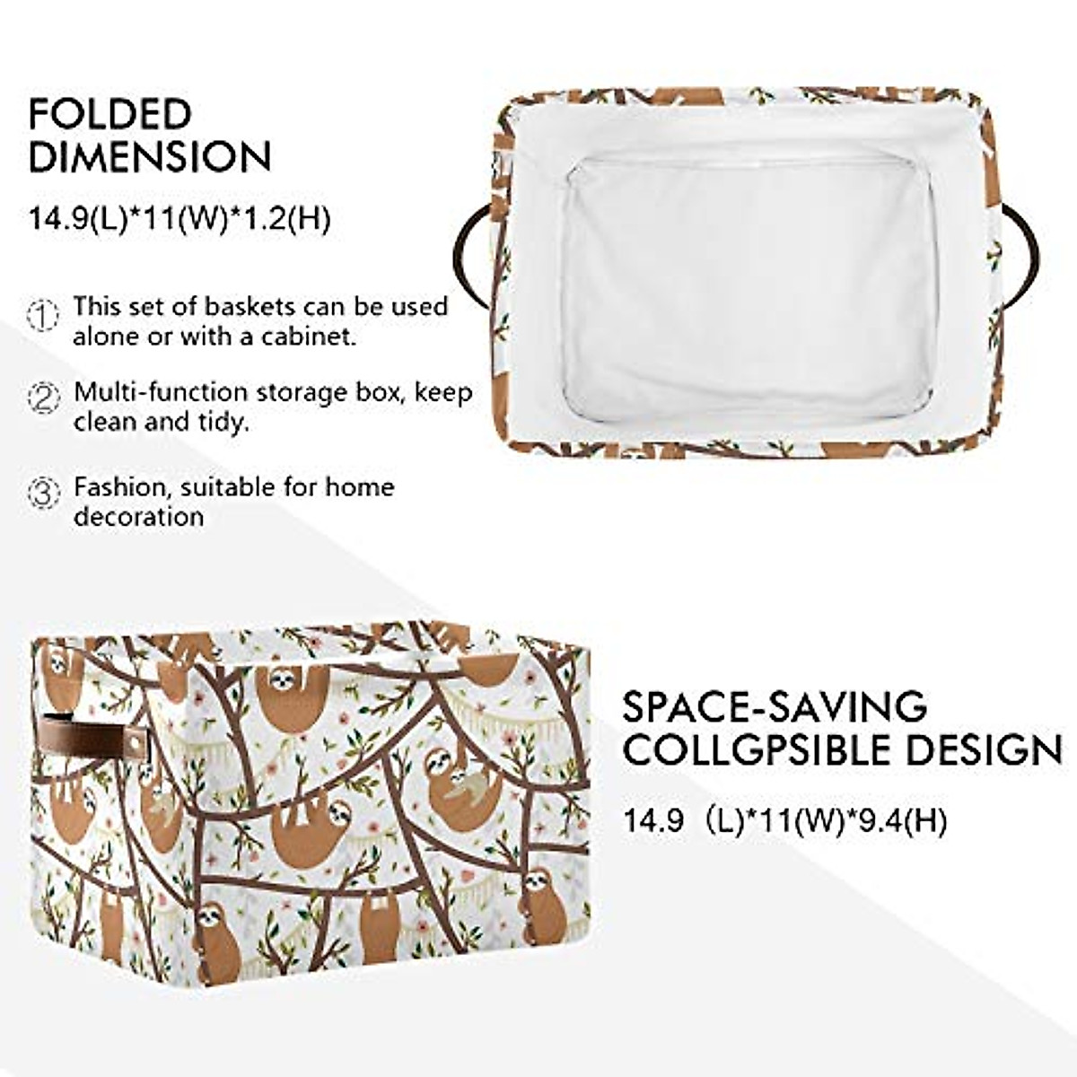 Moudou Sloth Laundry Basket Square Collapsible Laundry Hamper Clothes Toys Storage Bin with Handles for Bedroom, Closet, Nursery, Dorm, Home Decor