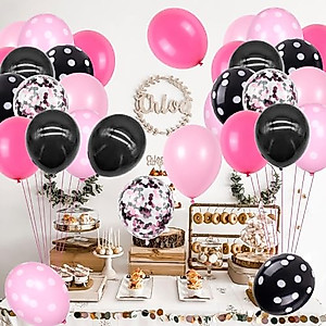 Black Pink Balloons, 60 Pack 12Inch Hot Pink Black White Party Balloons with Polka Dot balloon Confetti Balloons, Black Pink Latex Balloons for Girls Mouse Theme Birthday Party Baby Shower Decoration