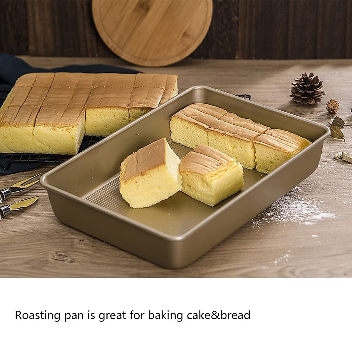 kitCom Nonstick Roasting Pan for Baking, 13.4x9.4x2.4 Inch, Heavy Duty Rectangular Baking Pan for Oven, Champagne Gold