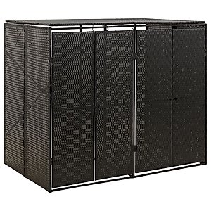 vidaXL Poly Rattan Double Wheelie Bin Shed - Durable, Weather Resistant, Easy Access Lid, Lockable Front Door - Garden Accessory, Black