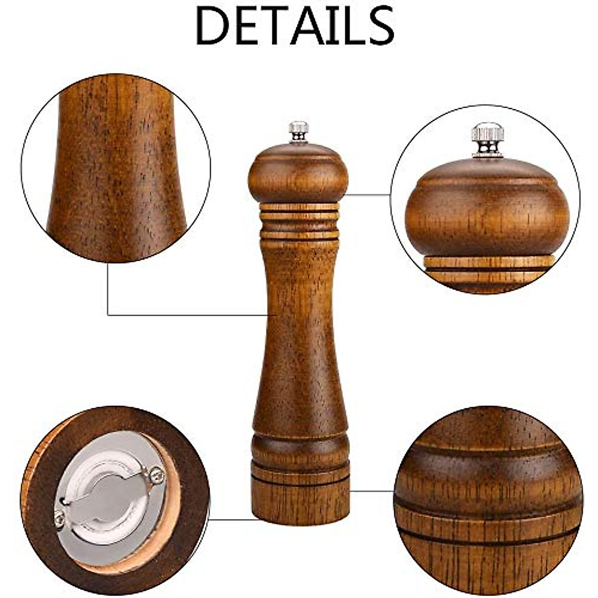 Refillable Wooden Pepper Mill - Big Solid Oaken Wood Gourmet Professional Mills Shaker with Strong Non-corrosive Adjustable Ceramic Grinder Mechanism - Fine to Coarse - 8 in