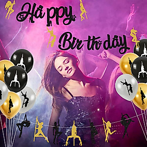 Obussgar Black Gold Pole Dancer Birthday Party Decorations, Glitter Pole Dance Happy Birthday Banner for Bachelorette Bridal Shower Birthday Funny Supplies