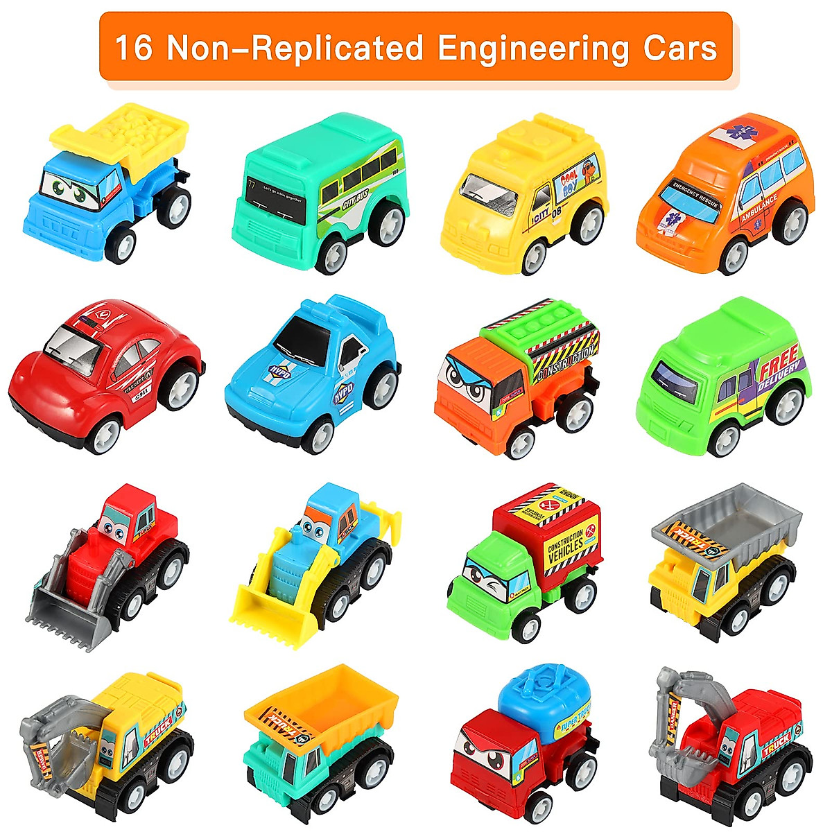 Aitsite 16 Pack Fillable Plastic Easter Egg with Pull-Back Construction Vehicles for Easter Theme Party, Favor Easter Eggs Hunt, Basket Stuffers Fillers, Classroom Prize, Birthdays Gifts
